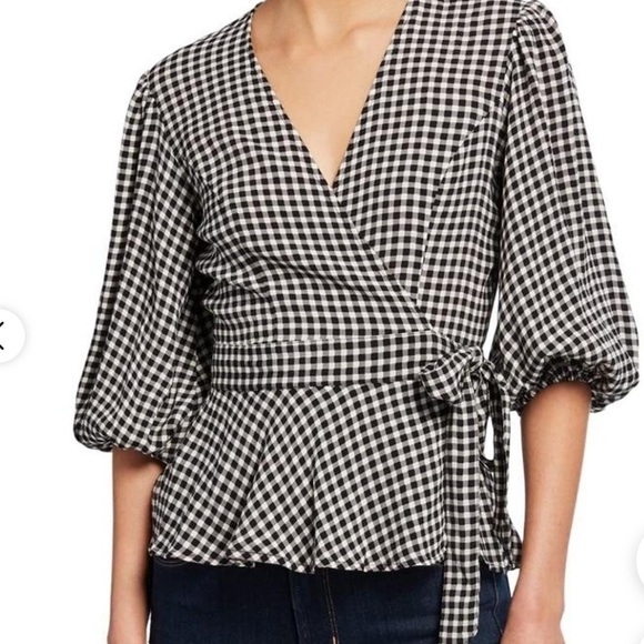 Ganni | Tops | Ganni Black White Gingham Wrap Blouse Top | Poshmark